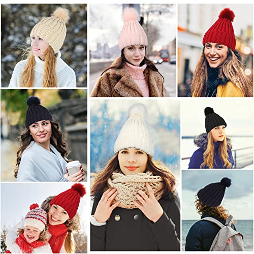 Muryobao Womens Winter Beanie Hat Warm Silk Satin Lined Cuffed Cable Knit Hat with Detachable Pom Ski Skull Cap Black
