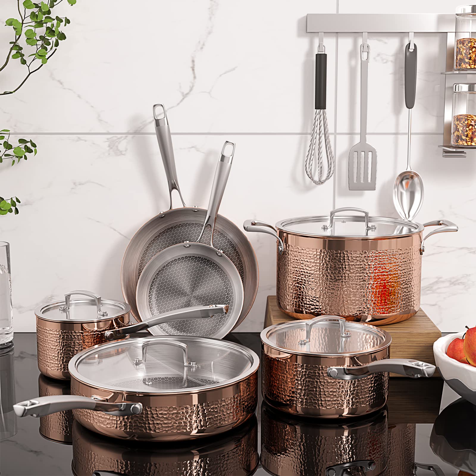 Homaz life Pots and Pans Set, Tri-Ply Stainless Steel Hammered Kitchen Cookware, Induction Compatible, Dishwasher and Oven Safe, Non-Toxic, Professional Grade Cooking Sets, 10-Piece, Rose Gold