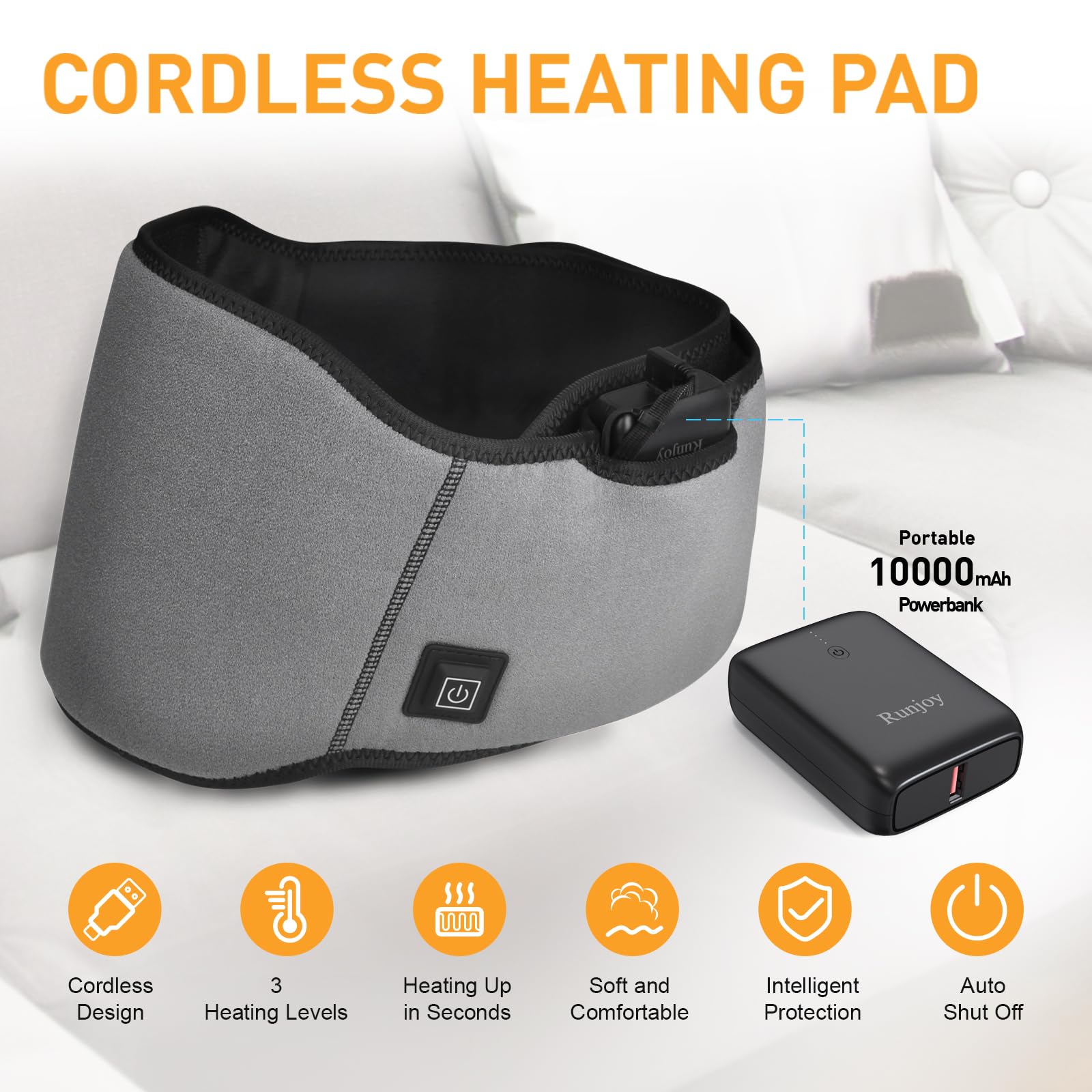 Runjoy Portable Heating Pad, Cordless and Rechargeable Heating Pad with 10000mAh Battery, 3 Heat Settings, Fast Heating and Adjustable Strap for Back Pain, Cramps, Neck and Shoulders