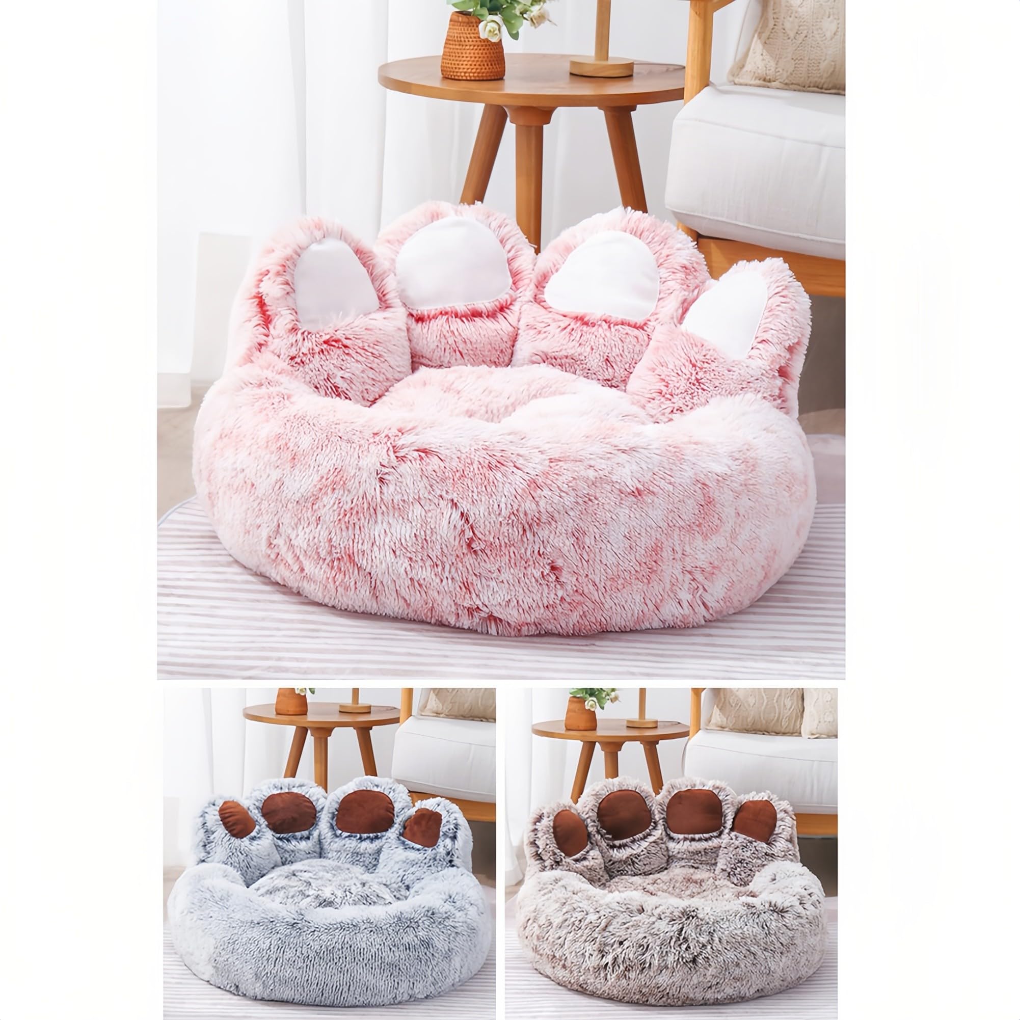 SEAHOME Dog Bed Cat Pet Sofa Cute Bear Paw Shape Comfortable Cozy Pet Sleeping Beds for Small, Medium, and Large Dogs and Cats, Soft Fluffy Faux Fur Cat Cushion Dog Bed (Small 22'' x 22'', Brown)