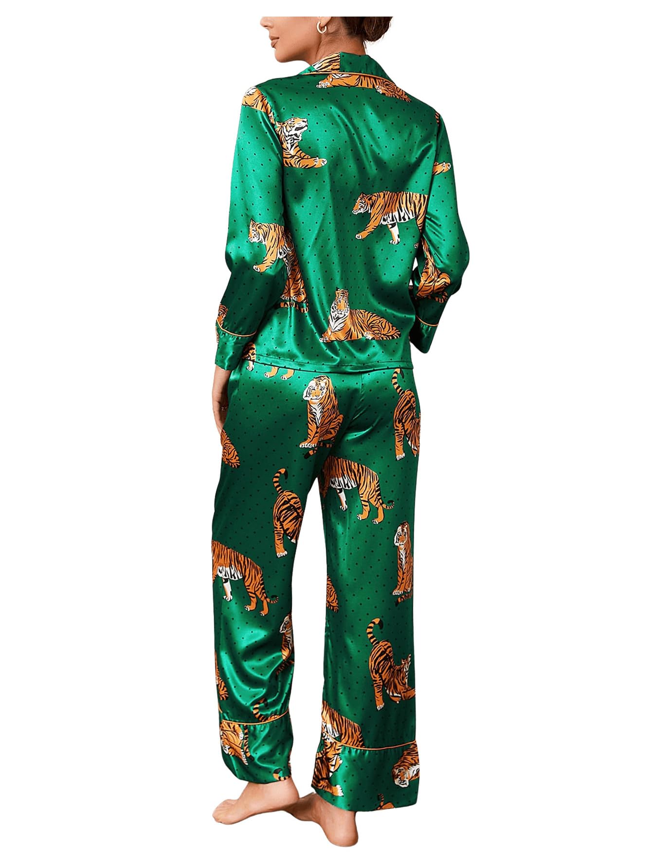 WDIRARA Women's Sleepwear Striped Satin Short Sleeve Shirt and Pants Pajama Set Green Tiger M