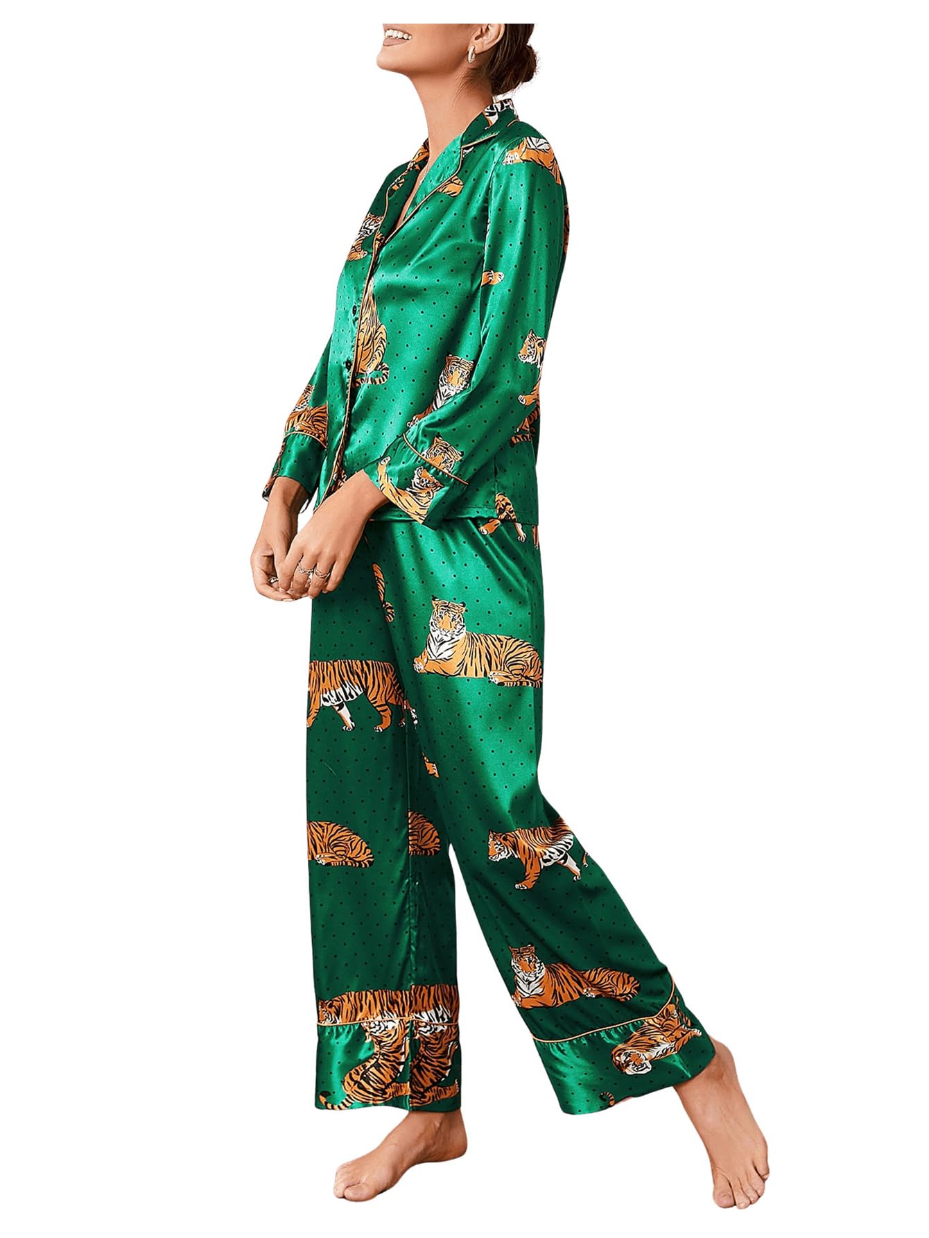 WDIRARA Women's Sleepwear Striped Satin Short Sleeve Shirt and Pants Pajama Set Green Tiger M