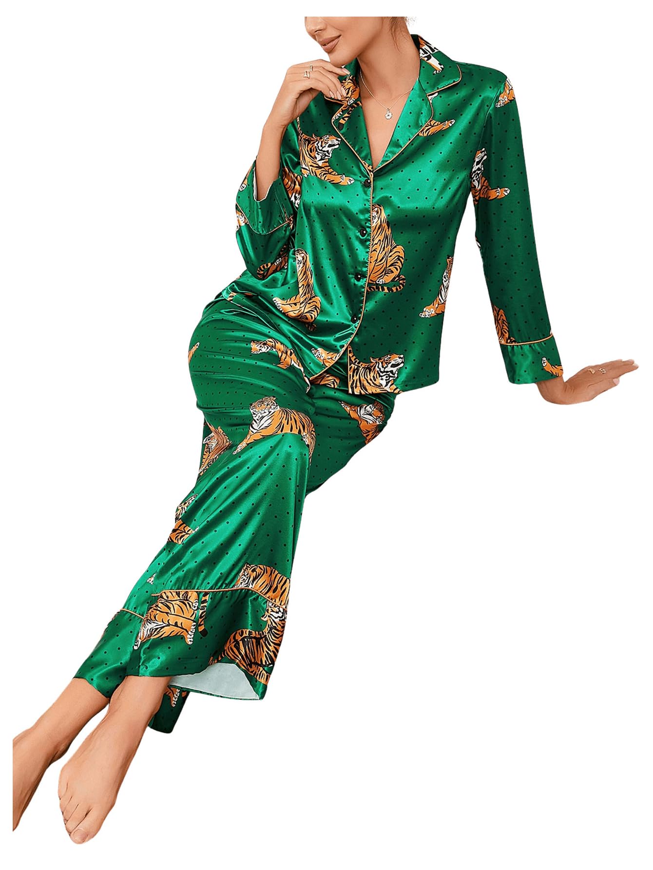 WDIRARA Women's Sleepwear Striped Satin Short Sleeve Shirt and Pants Pajama Set Green Tiger M