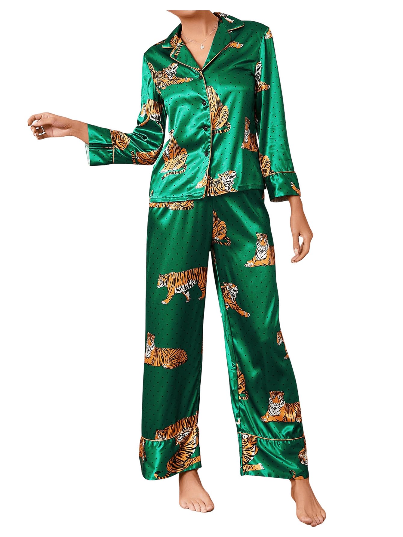WDIRARA Women's Sleepwear Striped Satin Short Sleeve Shirt and Pants Pajama Set Green Tiger M