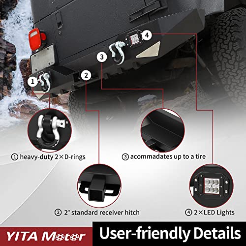 YITAMOTOR Front & Rear Bumper Combo Compatible with 1997-2006 Jeep Wrangler TJ with 2" Hitch Receiver & D-Rings & Square Lights, Upgraded Textured Black Bumper w/Winch Plate