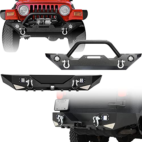 YITAMOTOR Front & Rear Bumper Combo Compatible with 1997-2006 Jeep Wrangler TJ with 2" Hitch Receiver & D-Rings & Square Lights, Upgraded Textured Black Bumper w/Winch Plate