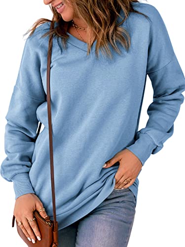 DJT Fashion Womens Fleece Sweatshirt for Women Casual Shirts V Neck Long Sleeve Tops Pullover with Pockets X-Large Air Blue