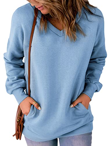 DJT Fashion Womens Fleece Sweatshirt for Women Casual Shirts V Neck Long Sleeve Tops Pullover with Pockets X-Large Air Blue