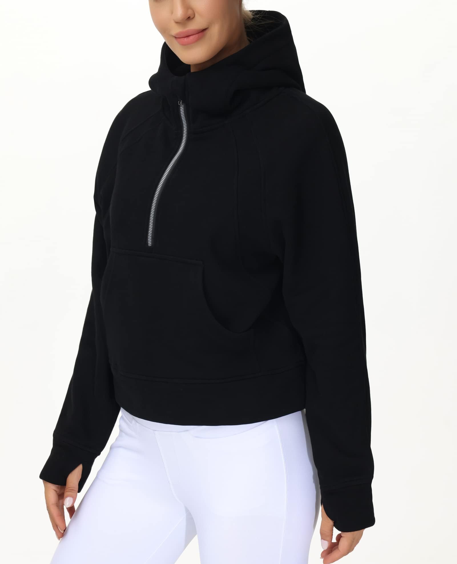 THE GYM PEOPLE Women’s Hoodies Half Zip Long Sleeve Fleece Crop Pullover Sweatshirts with Pockets Thumb Hole Black