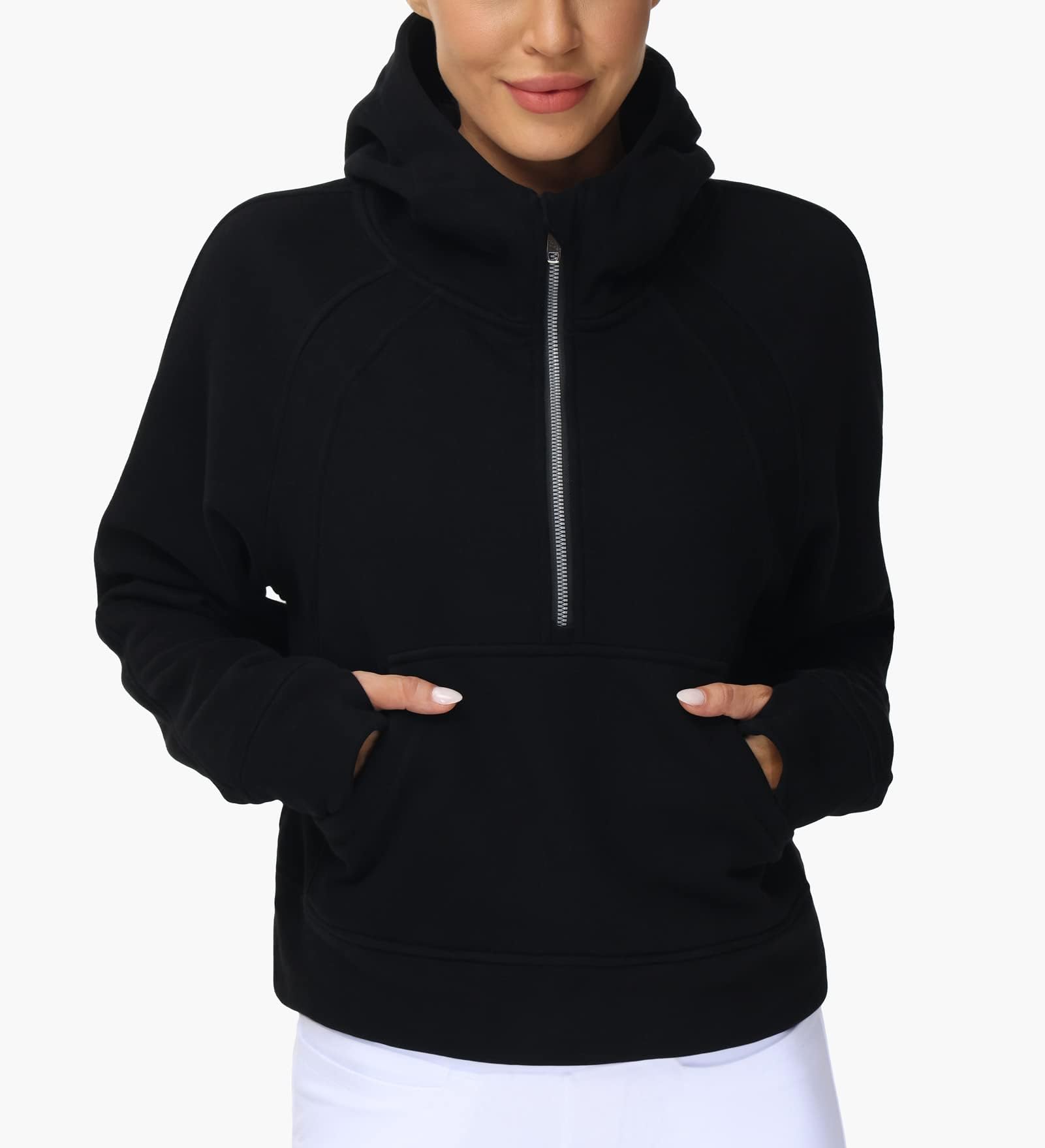 THE GYM PEOPLE Women’s Hoodies Half Zip Long Sleeve Fleece Crop Pullover Sweatshirts with Pockets Thumb Hole Black