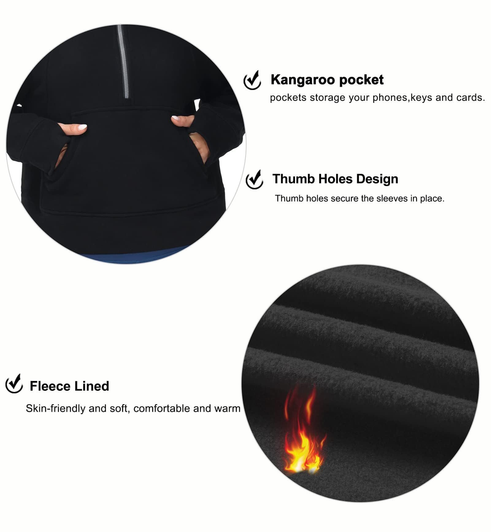 THE GYM PEOPLE Women’s Hoodies Half Zip Long Sleeve Fleece Crop Pullover Sweatshirts with Pockets Thumb Hole Black