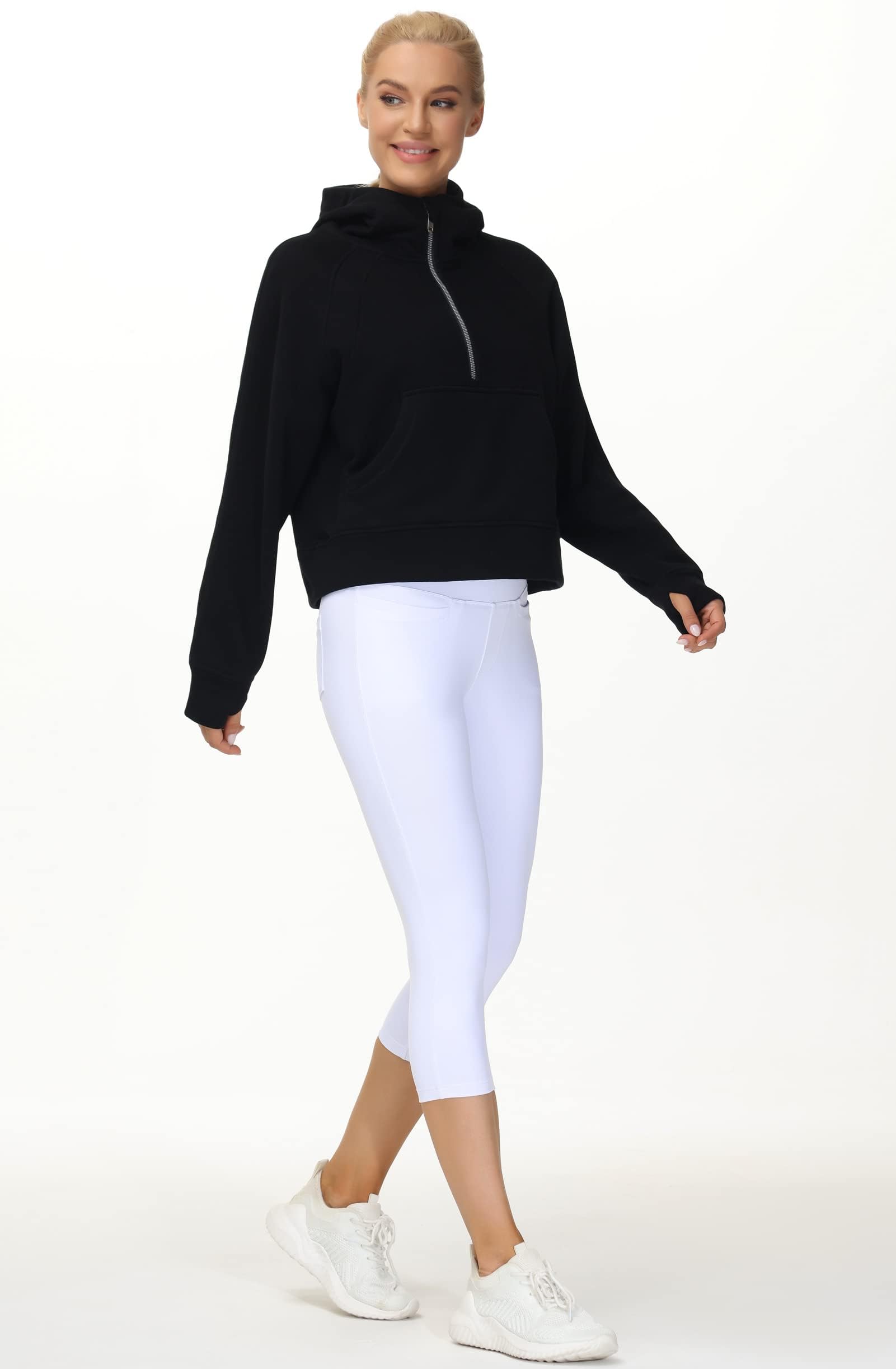 THE GYM PEOPLE Women’s Hoodies Half Zip Long Sleeve Fleece Crop Pullover Sweatshirts with Pockets Thumb Hole Black