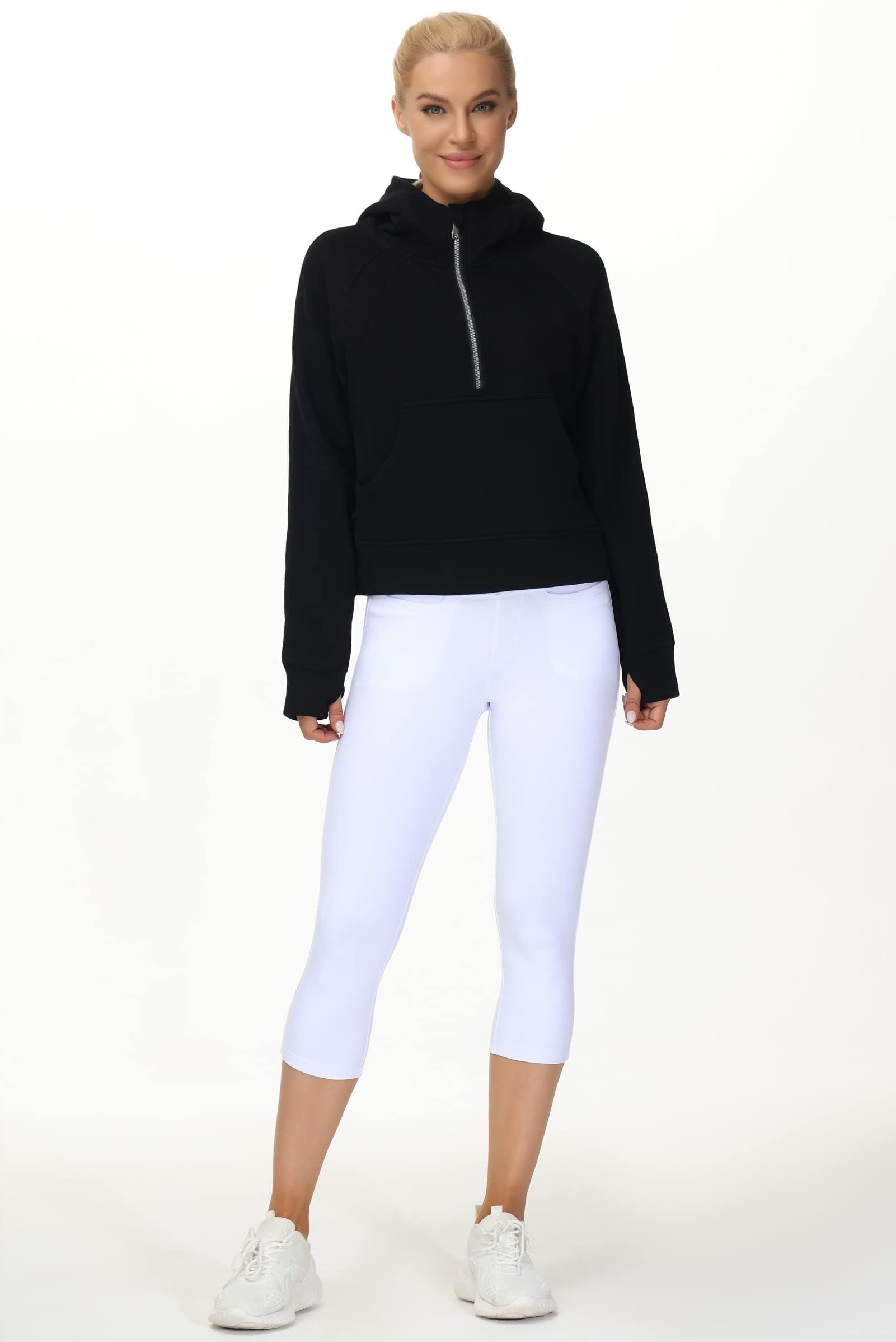 THE GYM PEOPLE Women’s Hoodies Half Zip Long Sleeve Fleece Crop Pullover Sweatshirts with Pockets Thumb Hole Black