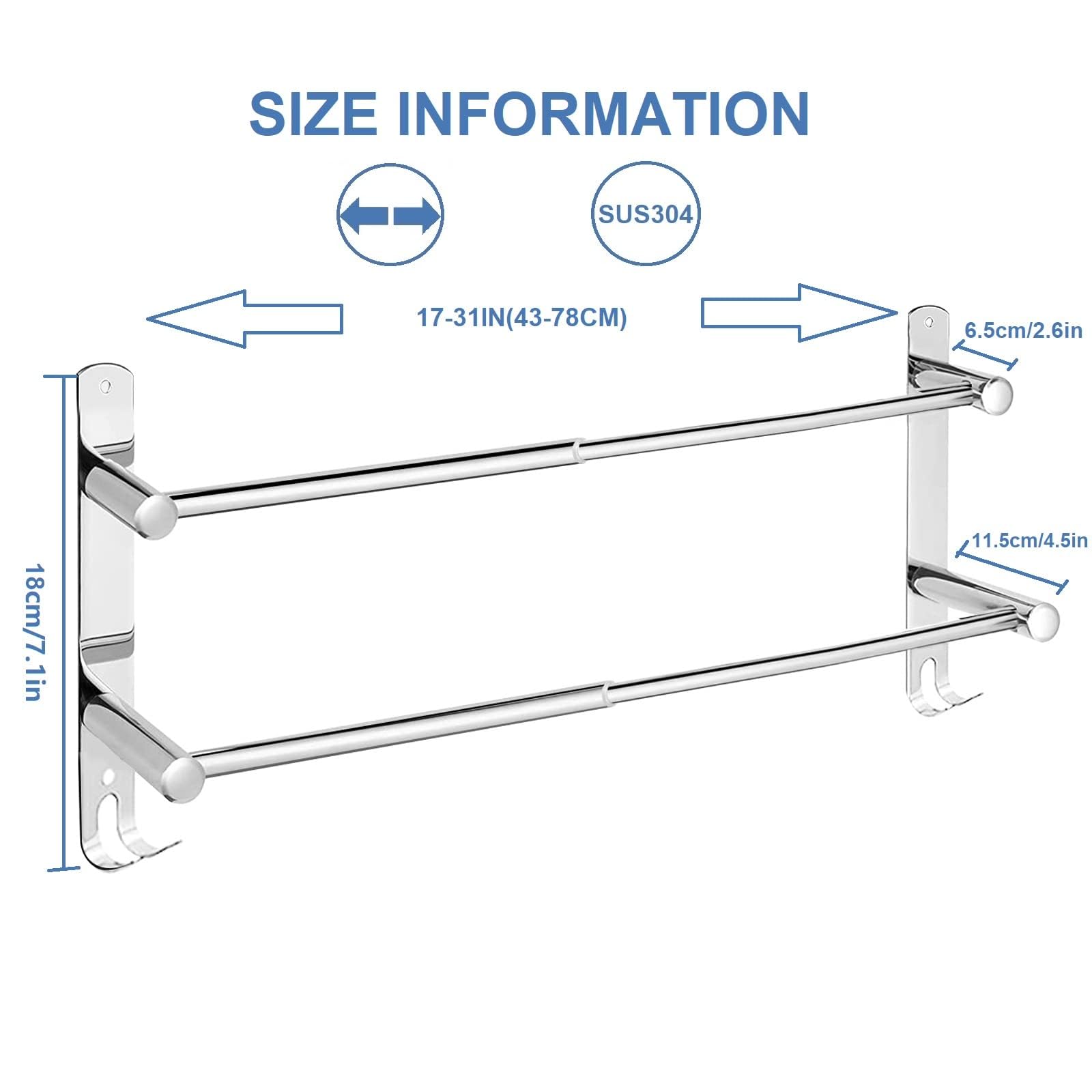 BIGLUFU Stretchable 17-31 Inches Double Bath Towel Bar Bathroom Towel Rack Hooks Kitchen Hand Towel Holder Dish Cloths Hanger SUS304 Stainless Steel Wall Mounted No Drill Space Saving 2-Bar Silver