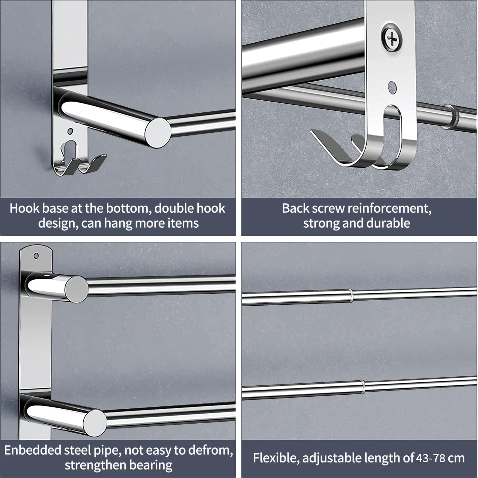 BIGLUFU Stretchable 17-31 Inches Double Bath Towel Bar Bathroom Towel Rack Hooks Kitchen Hand Towel Holder Dish Cloths Hanger SUS304 Stainless Steel Wall Mounted No Drill Space Saving 2-Bar Silver