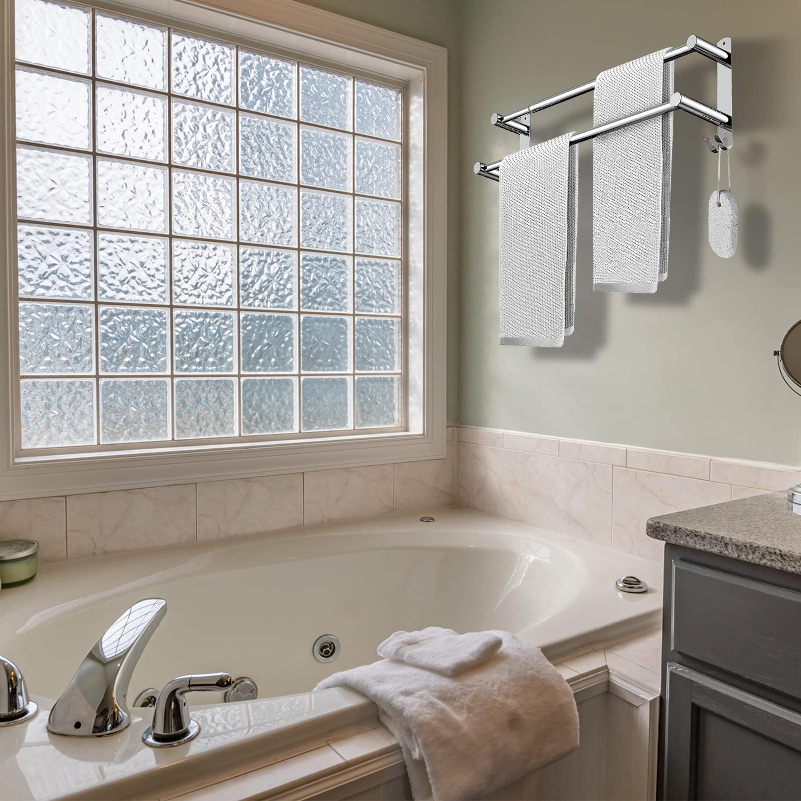 BIGLUFU Stretchable 17-31 Inches Double Bath Towel Bar Bathroom Towel Rack Hooks Kitchen Hand Towel Holder Dish Cloths Hanger SUS304 Stainless Steel Wall Mounted No Drill Space Saving 2-Bar Silver