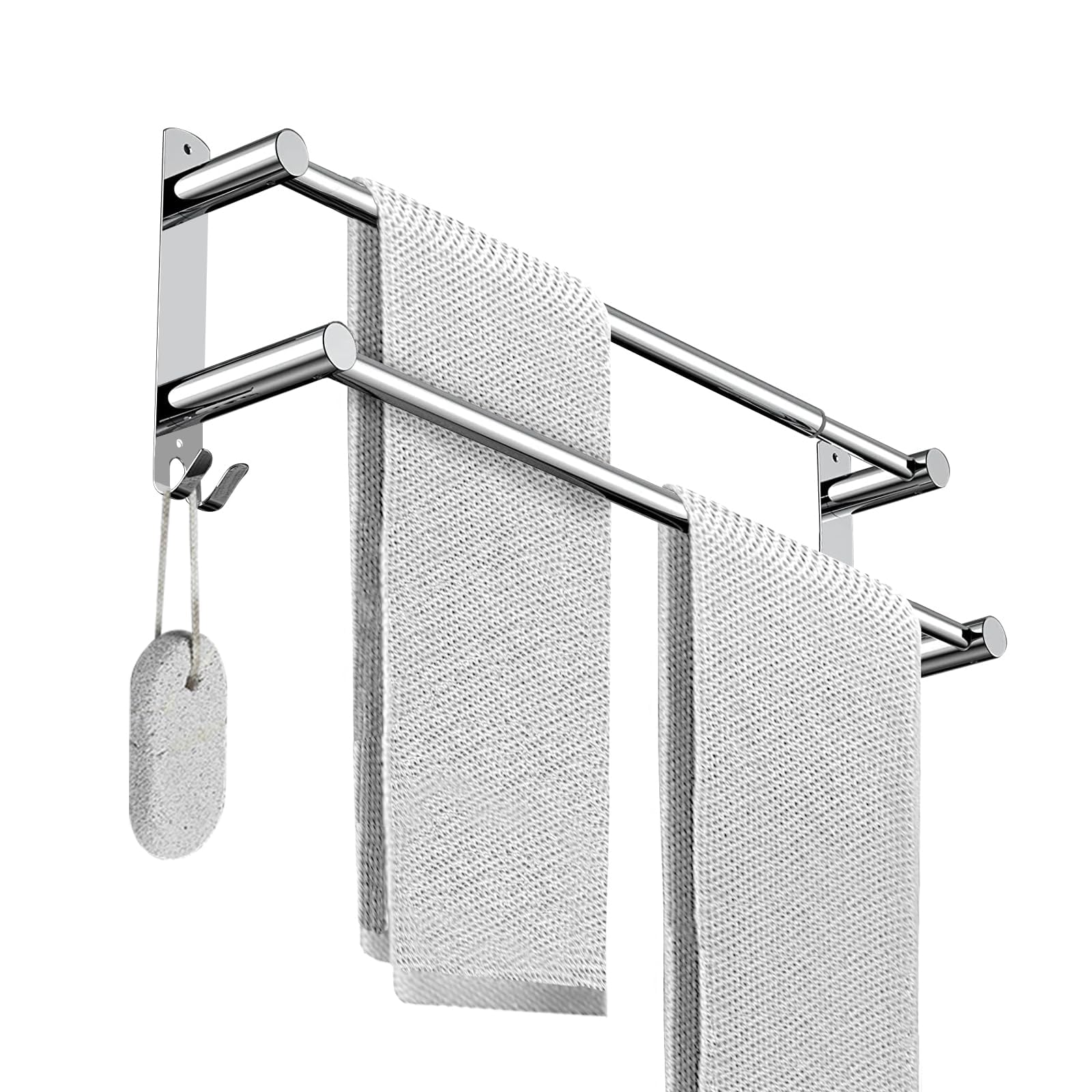 BIGLUFU Stretchable 17-31 Inches Double Bath Towel Bar Bathroom Towel Rack Hooks Kitchen Hand Towel Holder Dish Cloths Hanger SUS304 Stainless Steel Wall Mounted No Drill Space Saving 2-Bar Silver