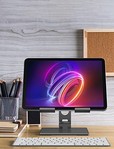 ALASHI Tablet Stand - Foldable, Adjustable Height, Multi-Angle, Sturdy Metal Base, Holds 4-13.3 Inch Tablets, Gray