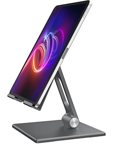 ALASHI Tablet Stand - Foldable, Adjustable Height, Multi-Angle, Sturdy Metal Base, Holds 4-13.3 Inch Tablets, Gray