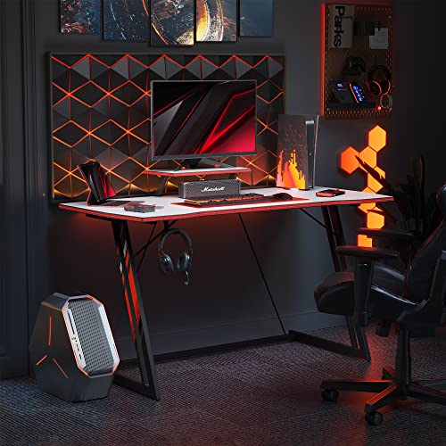 CubiCubi Gaming Desk 47 inch PC Computer Desk, Home Office Desk Gaming Table Z Shaped Gamer Workstation and Headphone Hook, White