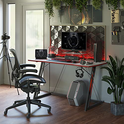 CubiCubi Gaming Desk 47 inch PC Computer Desk, Home Office Desk Gaming Table Z Shaped Gamer Workstation and Headphone Hook, White