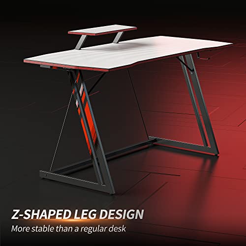 CubiCubi Gaming Desk 47 inch PC Computer Desk, Home Office Desk Gaming Table Z Shaped Gamer Workstation and Headphone Hook, White