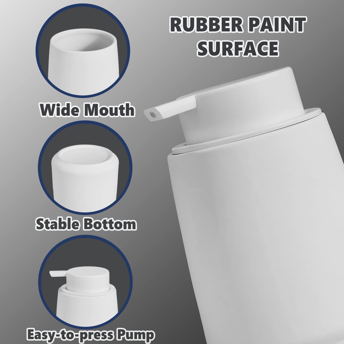 White Foam Hand Soap Dispenser - 12Oz Ceramic Foaming Soap Dispenser for Bathroom with Easy-to-Press Pump, Refillable Liquid Lotion Hand Soap Dispenser, Dish Soap Dispenser for Kitchen (Rubber Paint)
