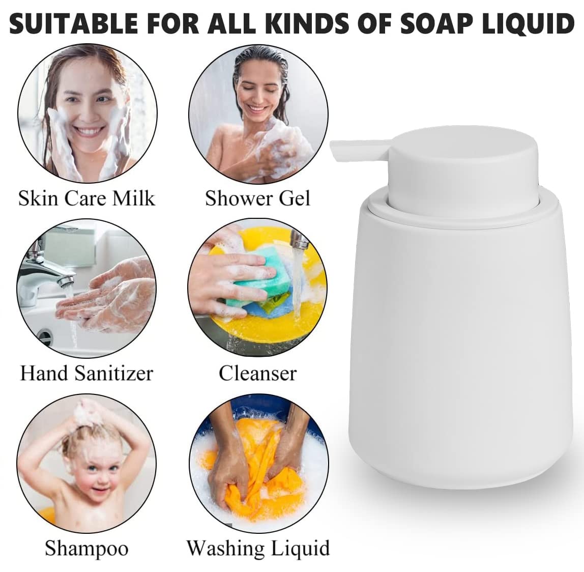 White Foam Hand Soap Dispenser - 12Oz Ceramic Foaming Soap Dispenser for Bathroom with Easy-to-Press Pump, Refillable Liquid Lotion Hand Soap Dispenser, Dish Soap Dispenser for Kitchen (Rubber Paint)