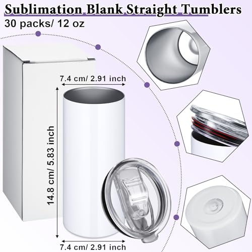 Potchen 30 Pack Sublimation Tumblers Bulk Blanks Straight Skinny Tumblers with Lids Sublimation Cups Stainless Steel Double Wall Vacuum Insulated Mugs DIY Gift Heat Press Machine(12 Oz)