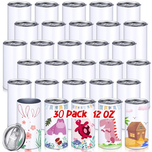 Potchen 30 Pack Sublimation Tumblers Bulk Blanks Straight Skinny Tumblers with Lids Sublimation Cups Stainless Steel Double Wall Vacuum Insulated Mugs DIY Gift Heat Press Machine(12 Oz)