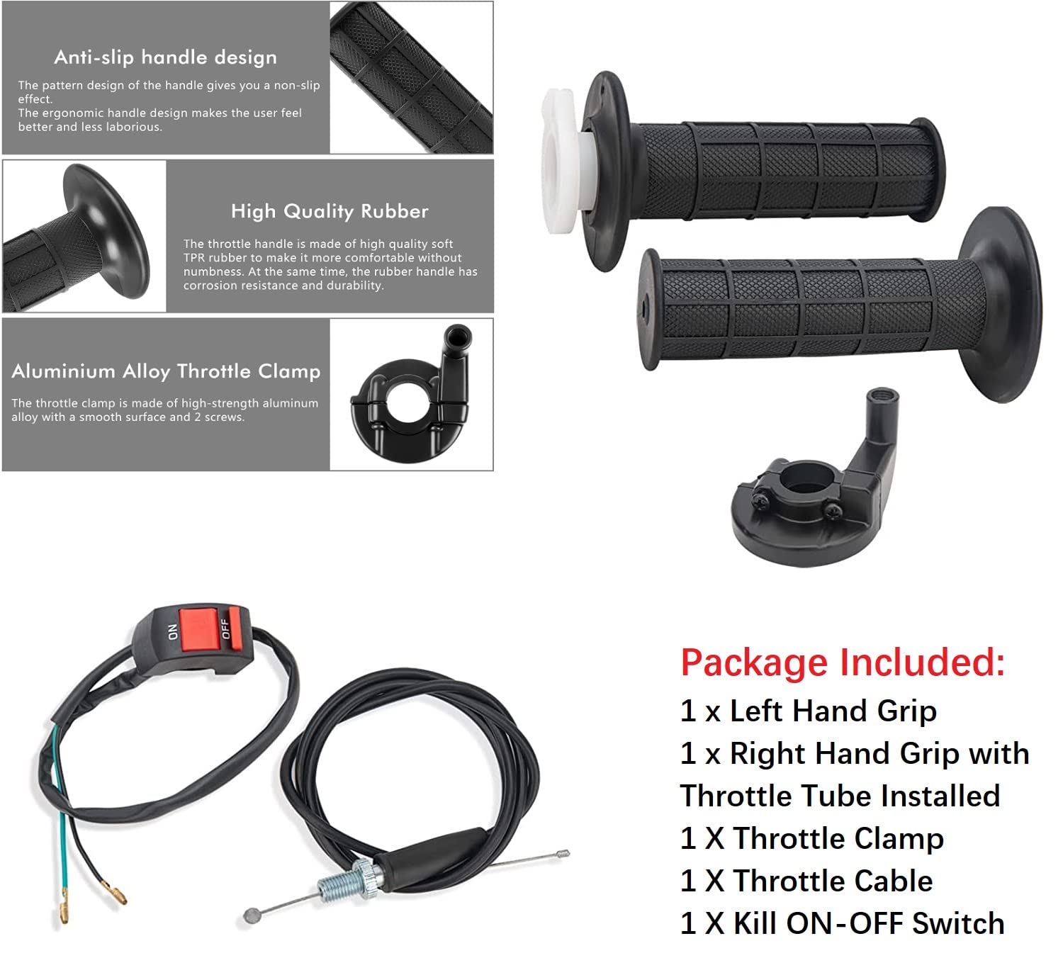 CALU LUKY 22mm Twist Throttle Accelerator Handle Grips, 50 90 110 125cc Pit Bike Dirtbike (Handle Grip + Cable + Throttle Clamp + flameout Switch)