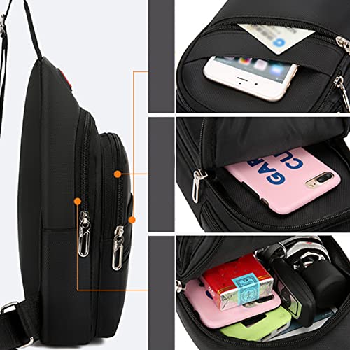 CENGNIAN Small Black Sling Crossbody Mini Backpack Shoulder Bag for Men Women, Lightweight One Strap Sling Bag for Hiking Walking Biking Travel Cycling, USB Charger