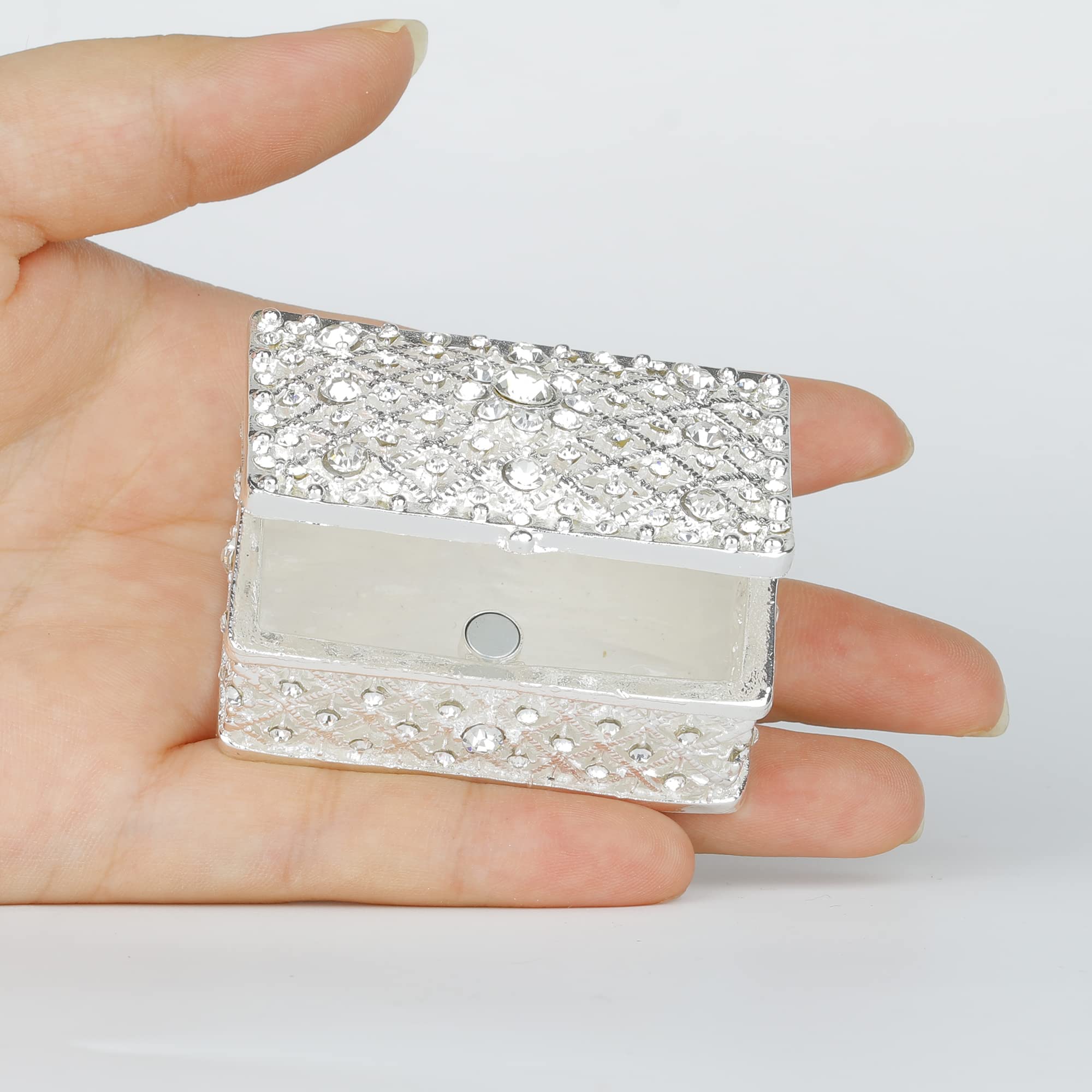 SEVENBEES Silver Trinket Box Jewelry Box with Crystals Small Trinket Boxes Hinged Gift Ring Holder for Girls or Women