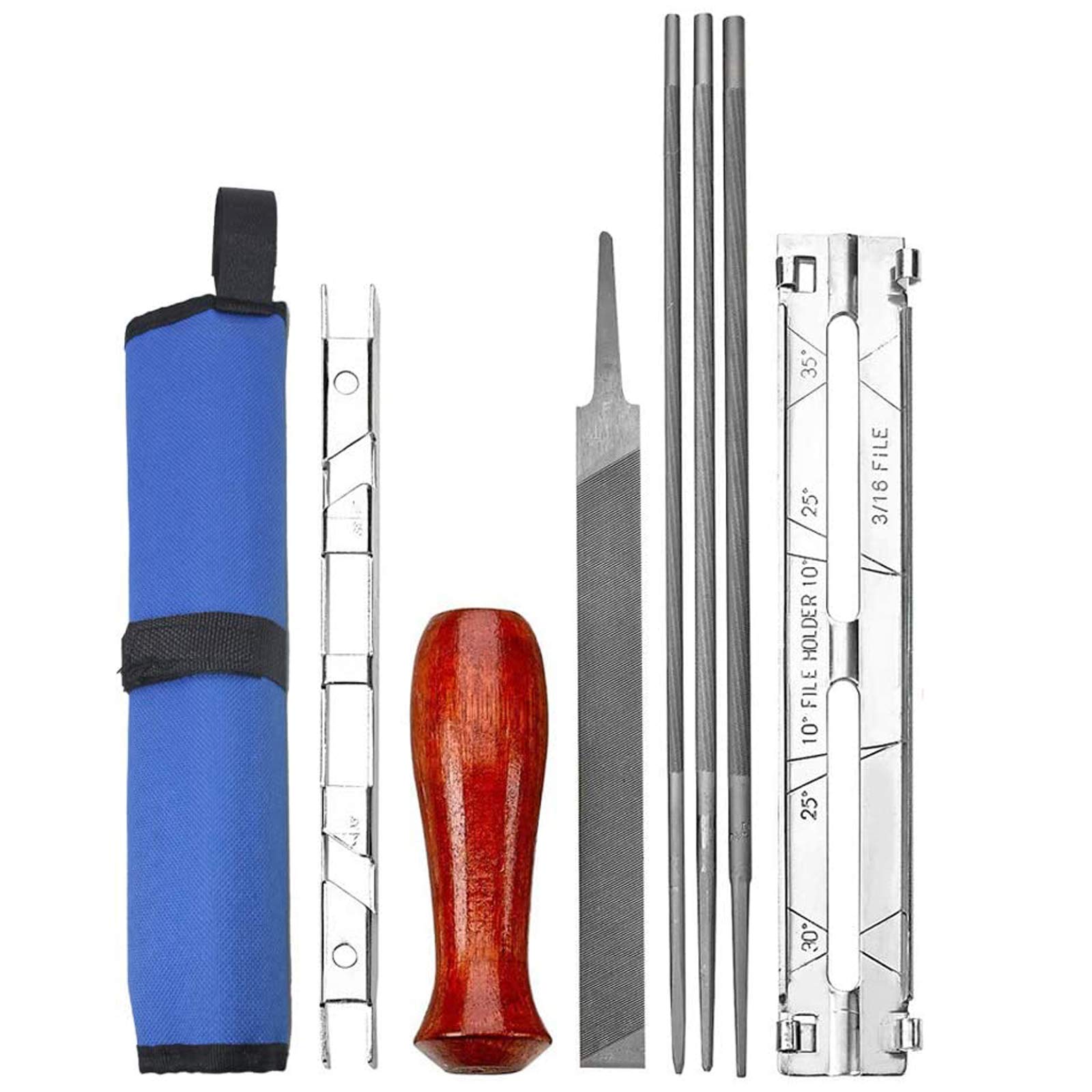 YEFA Upgraded Chainsaw File Kit, Includes 5/32, 3/16, and 7/32 Inch Round Files, Flat File, Handle, Filing Guide, and Pouch, 8 Piece Combo Set for Sharpening Chain Saw Blades (Blue&Black)