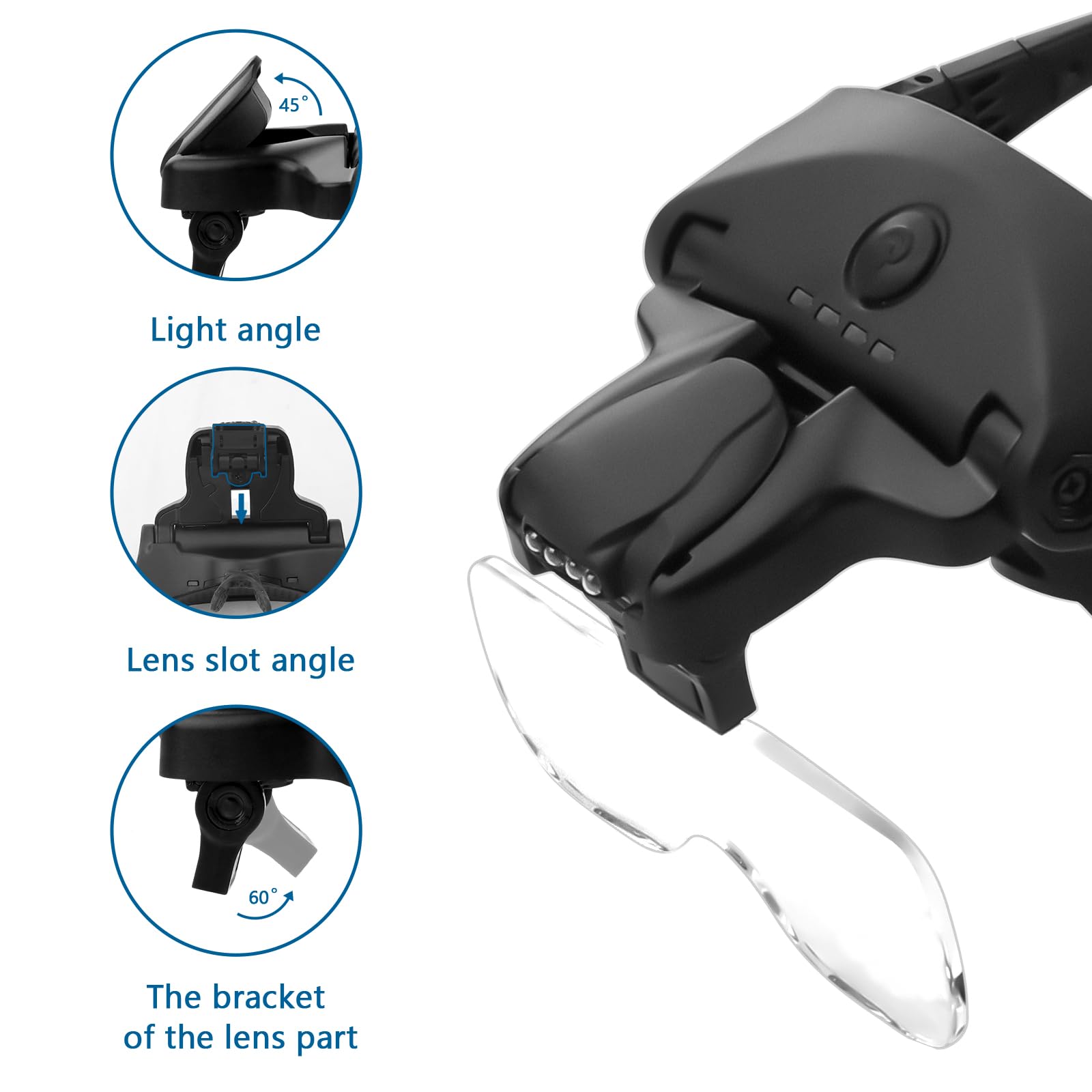Headband Magnifying Glass with 4 LED Lights, Rechargeable Head Magnifier with 5 Detachable Lenses 1.0X, 1.5X, 2.0X, 2.5X 3.5X - Hands Free Lighted Magnifier Glass for Jewelry, Crafts, Cross Stitch