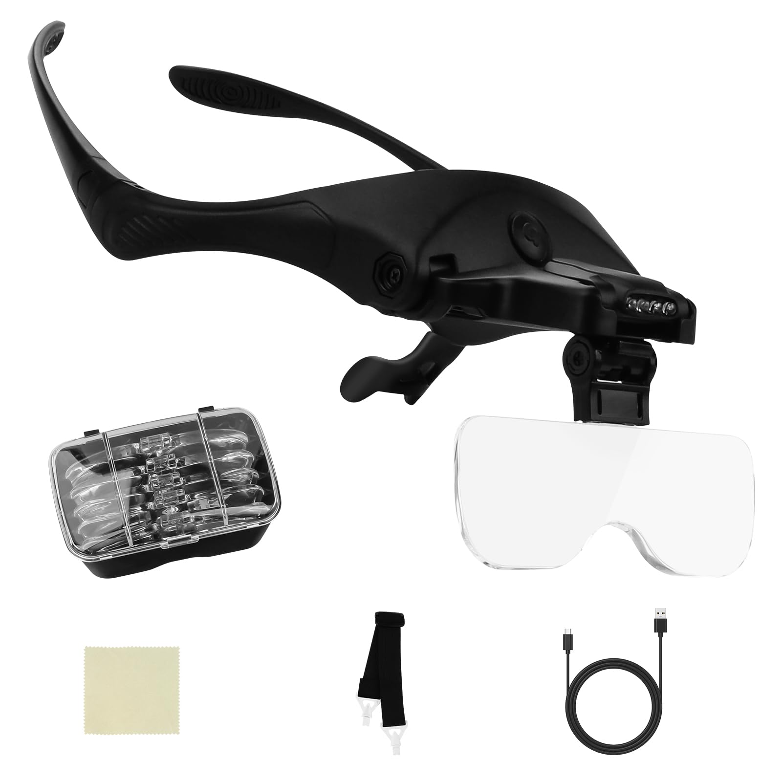 Headband Magnifying Glass with 4 LED Lights, Rechargeable Head Magnifier with 5 Detachable Lenses 1.0X, 1.5X, 2.0X, 2.5X 3.5X - Hands Free Lighted Magnifier Glass for Jewelry, Crafts, Cross Stitch