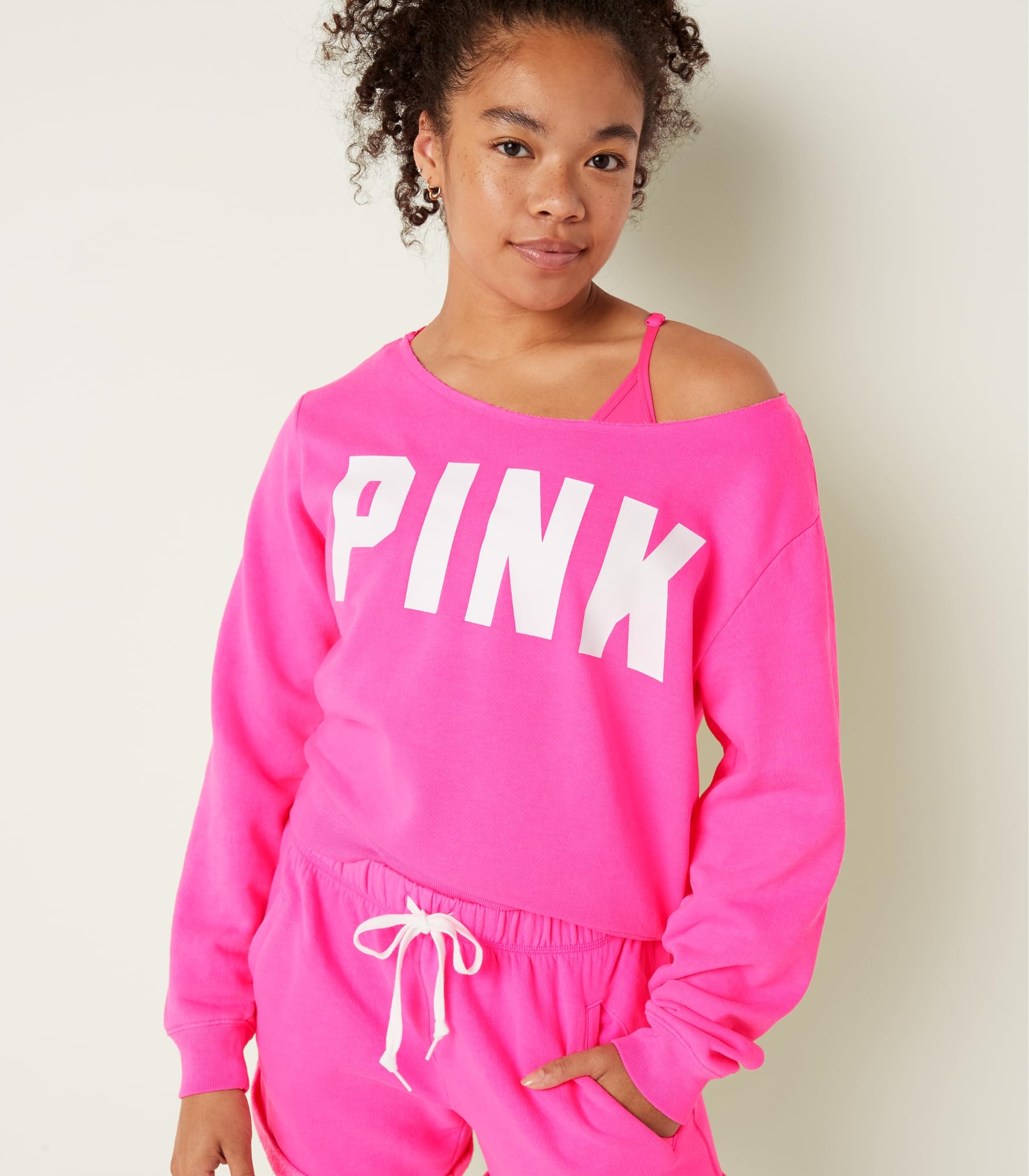Victoria's Secret Women's PINK Logo Raw Neck Crew Sweatshirt, Pink, (XL)