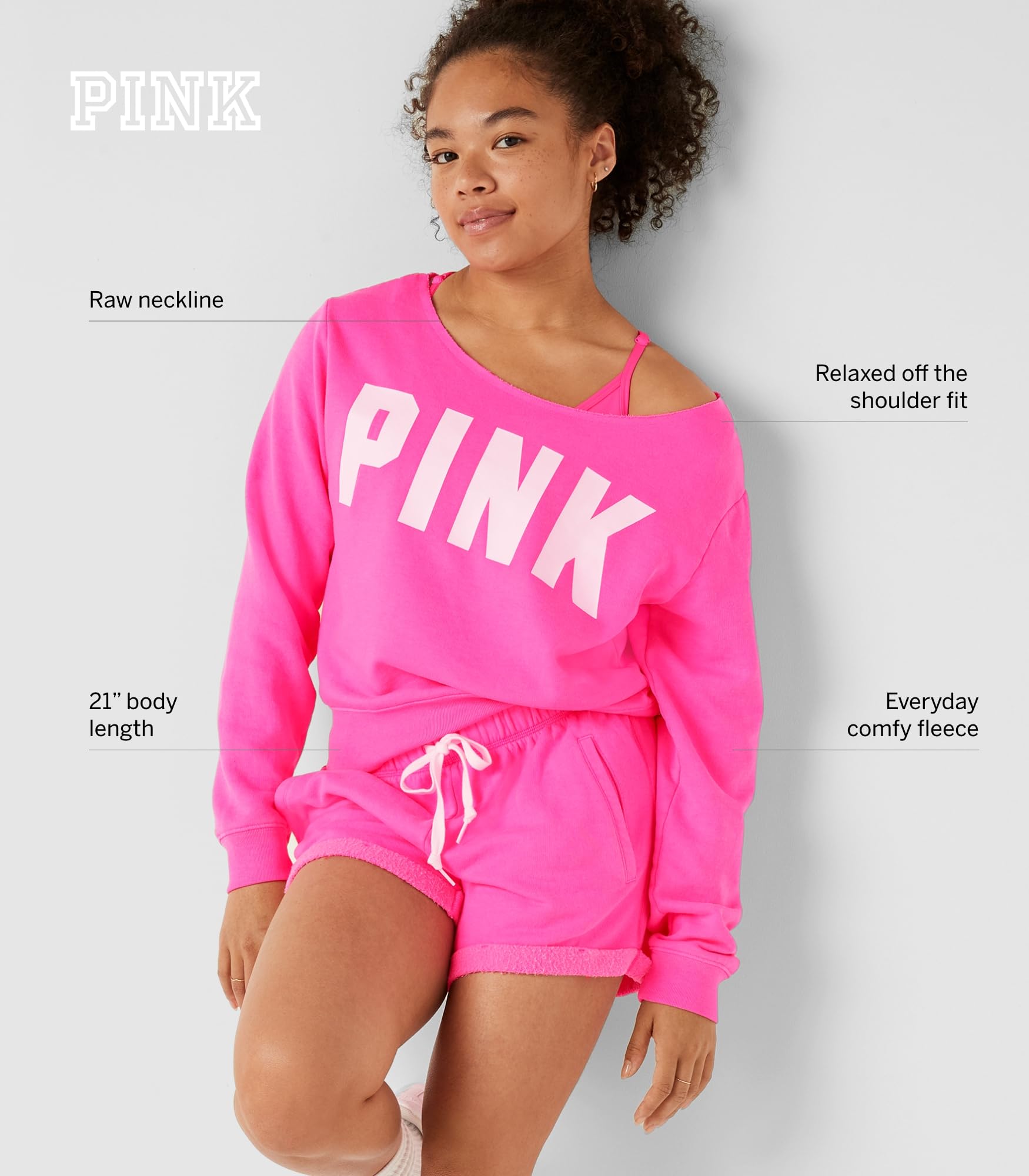 Victoria's Secret Women's PINK Logo Raw Neck Crew Sweatshirt, Pink, (XL)