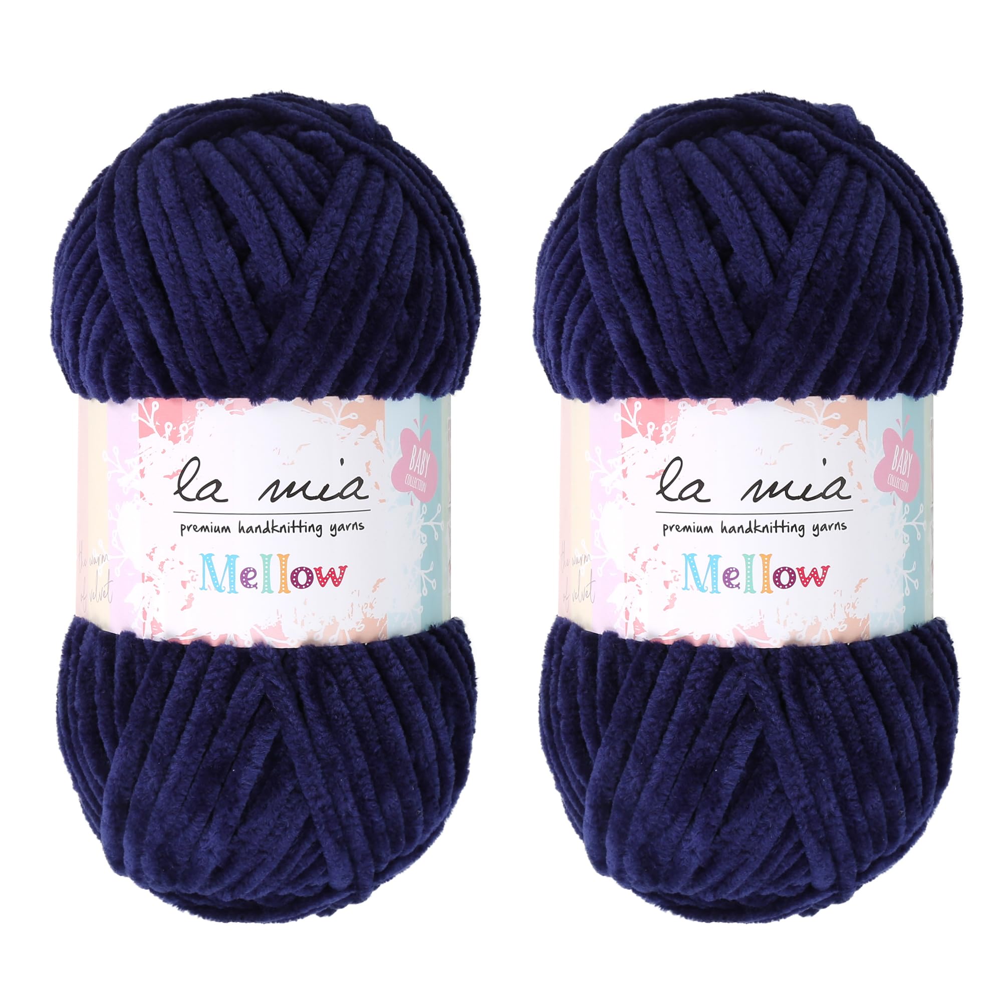 2 Skein La Mia Mellow Velvet Chenille Yarn for Knitting and Crocheting Baby Clothes, Blankets and Accessories, 100% Polyester, 100 gr (3.5 oz) / 115 m (125 Yards), Super Bulky, Navy Blue - 917