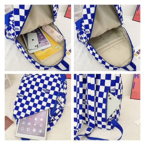 Cute Backpack Comes with Checkered Pendants for free Klein Blue Plaid Kawaii Teen (Red)