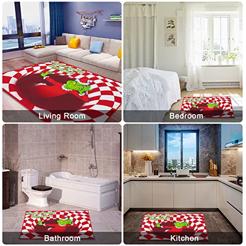 Christmas 3D Illusion Doormat Indoor Outdoor Non- Slip Floor Mat with 3D Green Monster 3D Visual Illusion Fluffy Carpet for Front Door, Bathroom,Bedroom, Home Party. (Red+White, 16x32in)