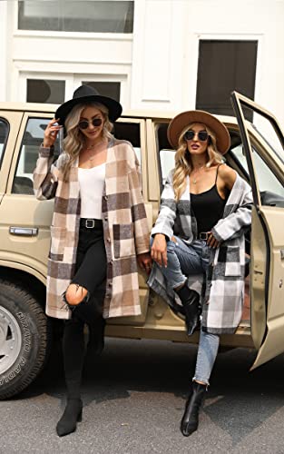 ECOWISH Women Jacket Flannel Coat - Fall Plaid Shacket Long Sleeve Button Trench Cardigan Outfits Casual Outwear Black White Medium