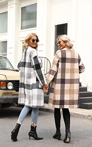 ECOWISH Women Jacket Flannel Coat - Fall Plaid Shacket Long Sleeve Button Trench Cardigan Outfits Casual Outwear Black White Medium