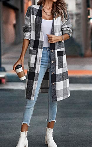 ECOWISH Women Jacket Flannel Coat - Fall Plaid Shacket Long Sleeve Button Trench Cardigan Outfits Casual Outwear Black White Medium