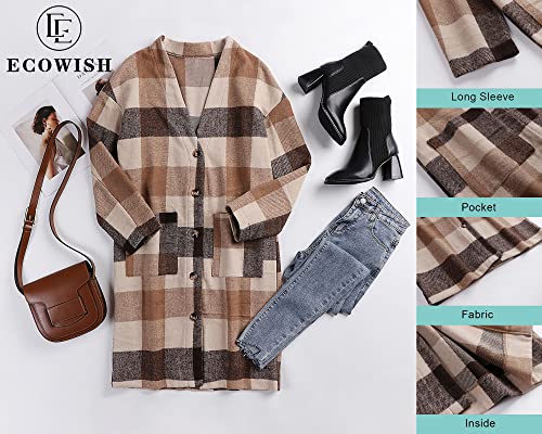 ECOWISH Women Jacket Flannel Coat - Fall Plaid Shacket Long Sleeve Button Trench Cardigan Outfits Casual Outwear Black White Medium