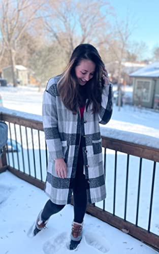 ECOWISH Women Jacket Flannel Coat - Fall Plaid Shacket Long Sleeve Button Trench Cardigan Outfits Casual Outwear Black White Medium