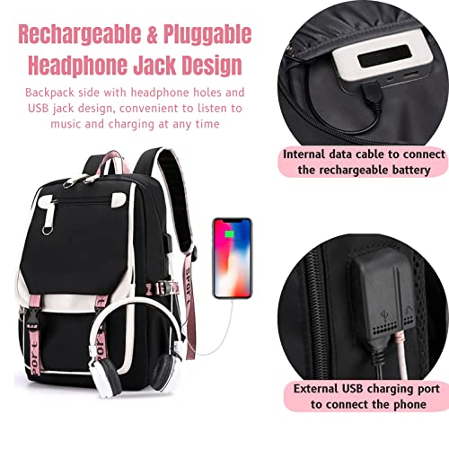 BBSLEVY backpack with USB & audio cable for students, double backpack & casual backpack, 15.6-inch laptop backpack for BTS (BlackPowder), 11.4 x 6.3 x 18