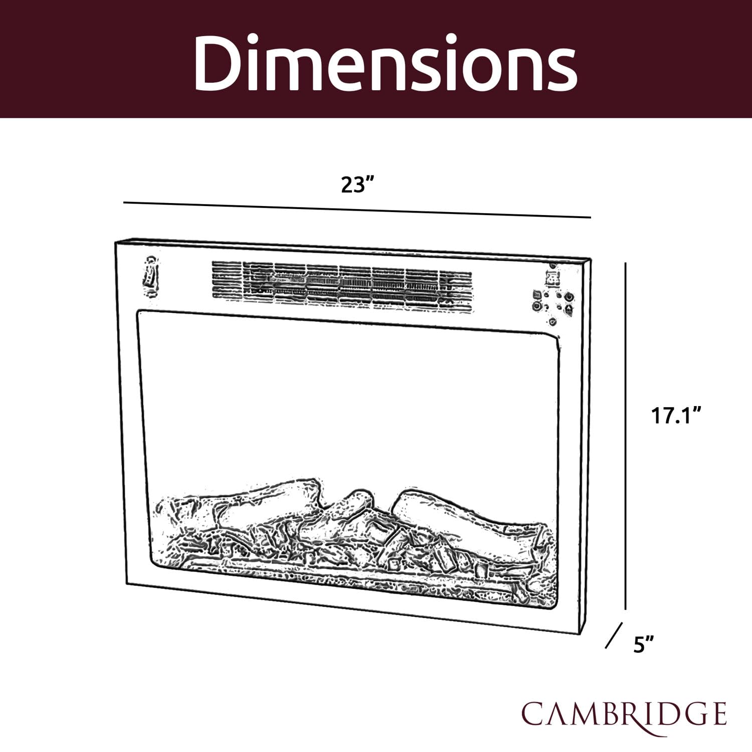 Cambridge Electric Fireplace Insert for Mantel with Realistic Flames & Enhanced Charred Log Display with Remote Control, Modern Indoor Heating for Home & Rooms up to 210 Sq.Ft. (23" x 17.1" x 5")