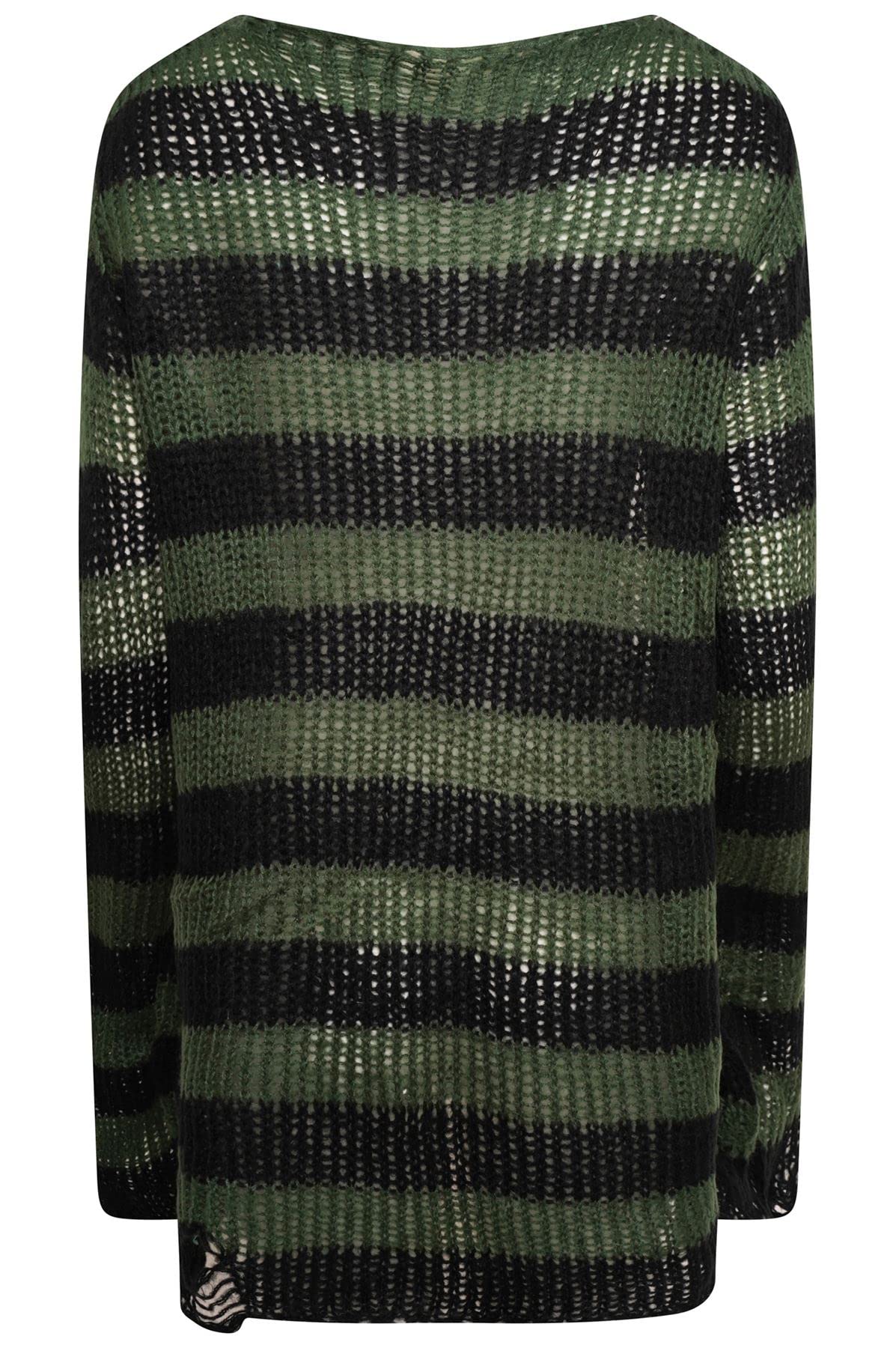 Ro Rox Gothic Knitted Jumper with Distressed Look - Oversized Pullover with Ripped Design, Long Sleeves, Loose Fit, 90s Grunge Style Stripe Pattern, Green, L-XL
