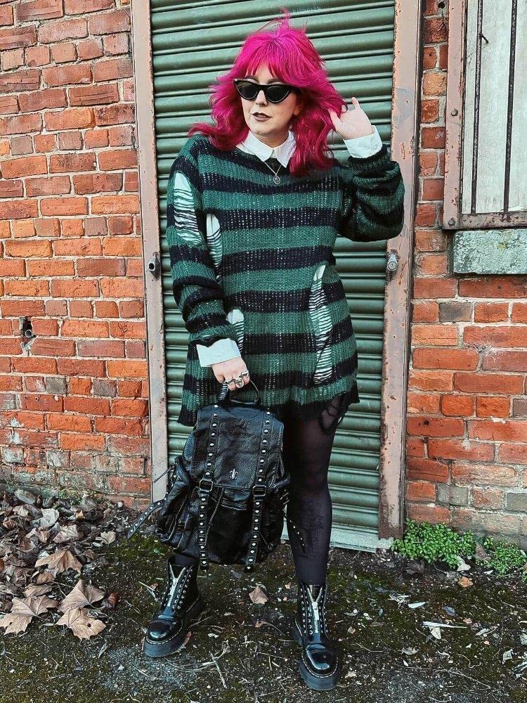 Ro Rox Gothic Knitted Jumper with Distressed Look - Oversized Pullover with Ripped Design, Long Sleeves, Loose Fit, 90s Grunge Style Stripe Pattern, Green, L-XL